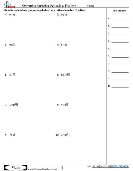 Converting Repeating Decimals To Fractions Worksheet Free 